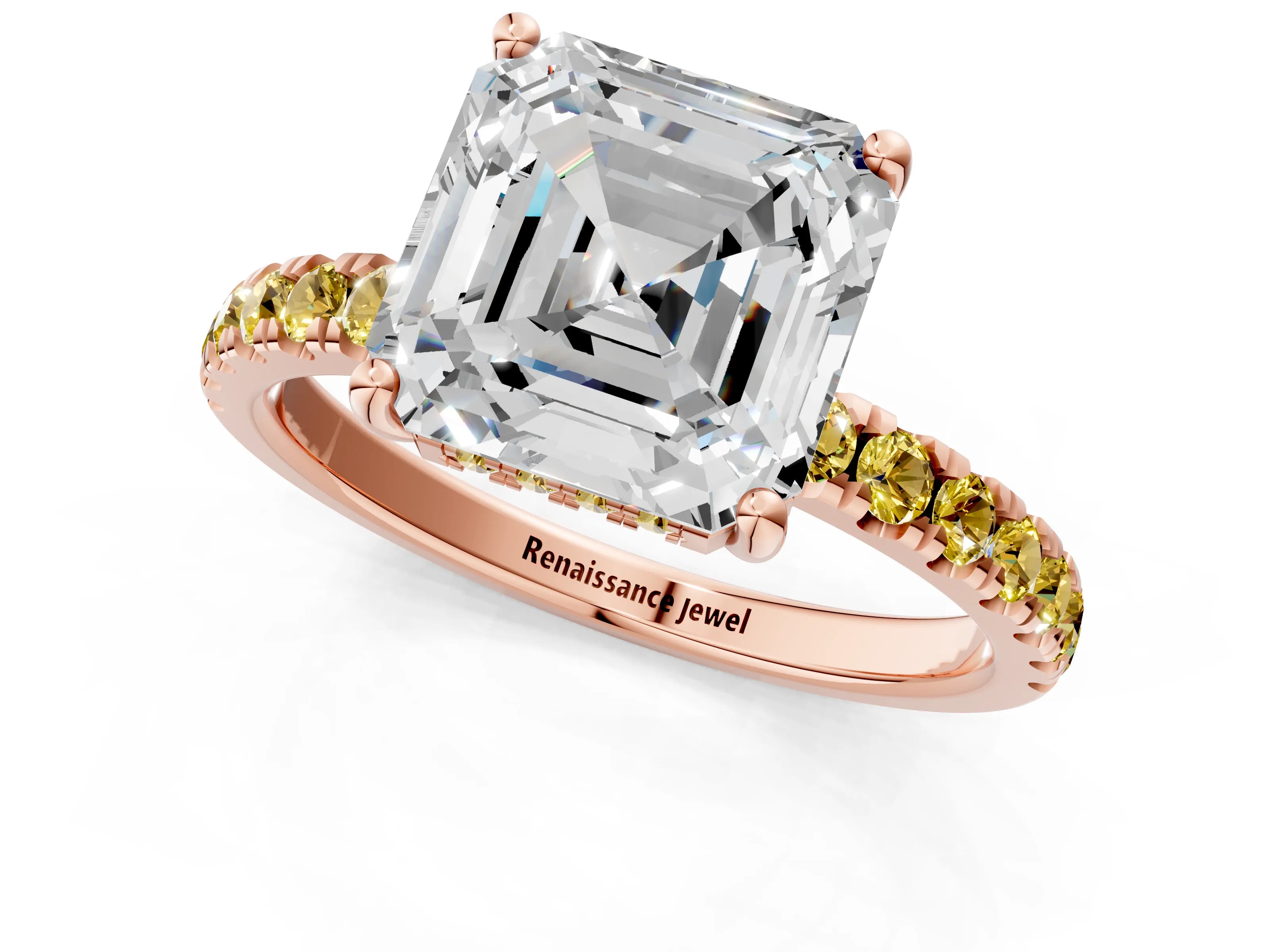 Rose gold Asscher Cut Diamond Pave Band Solitaire Ring with Round with