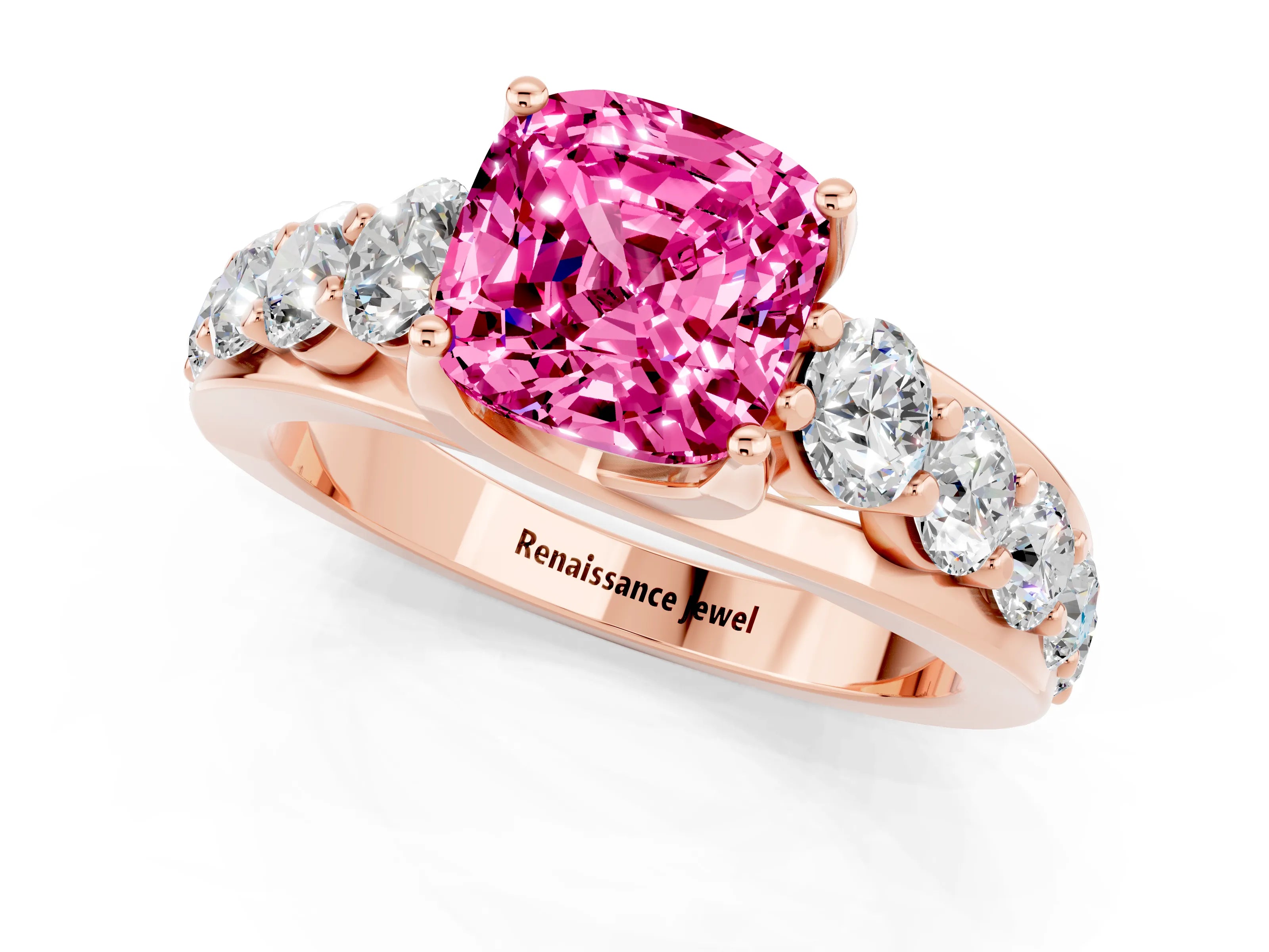 Rose gold Cushion Cut Pink Sapphire Engagement Ring with Pavé Band and
