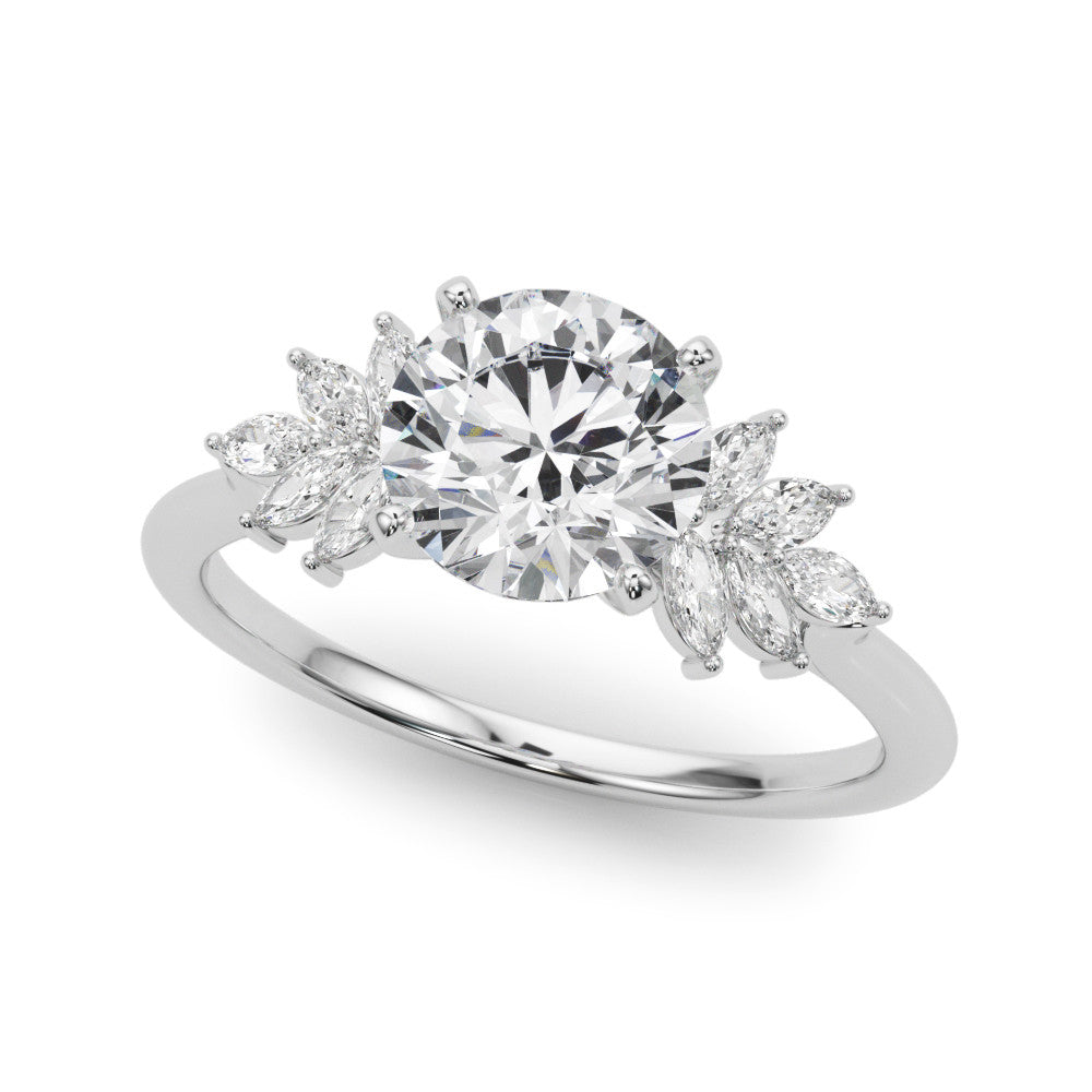 White gold Round Diamond Floral Side Stone Solitaire with Marquise Acc