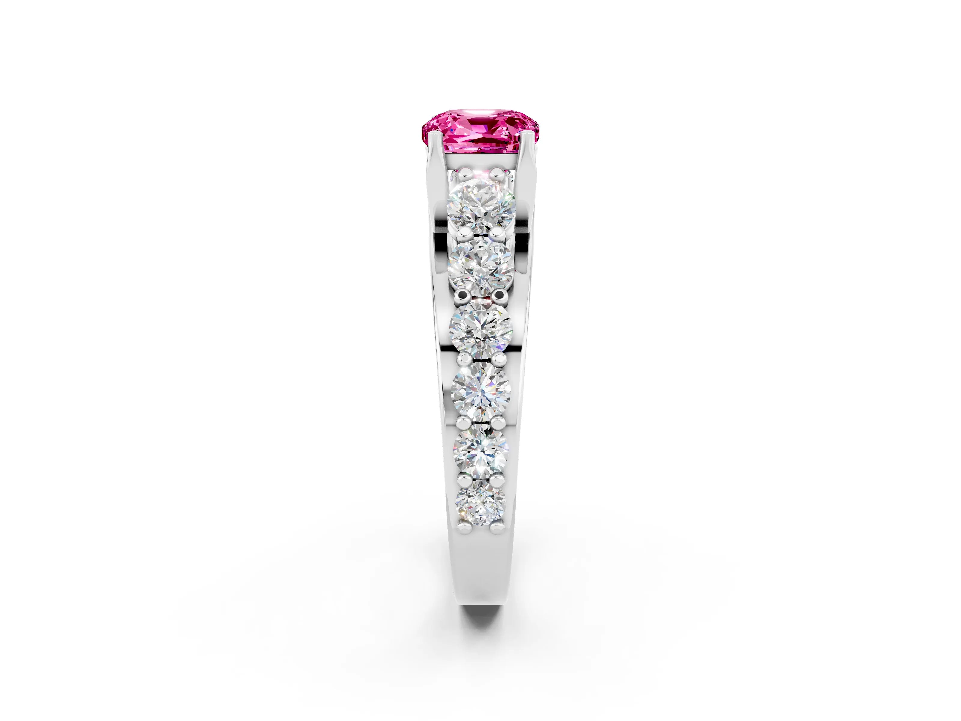 White gold Cushion Cut Pink Sapphire Engagement Ring with Pavé Band an