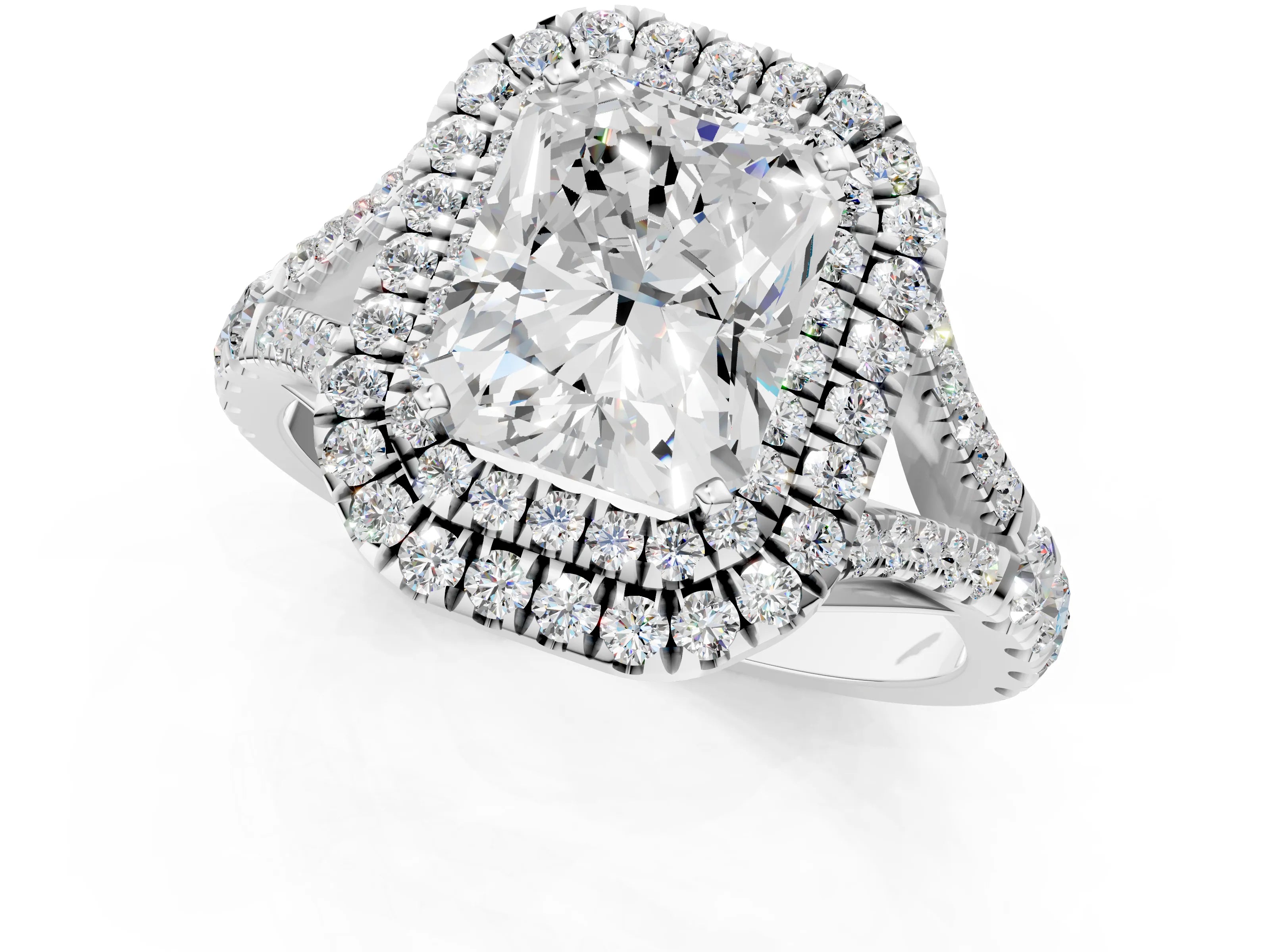 Platinum Radiant Cut Diamond Double Halo Ring with Split Shank and Pro