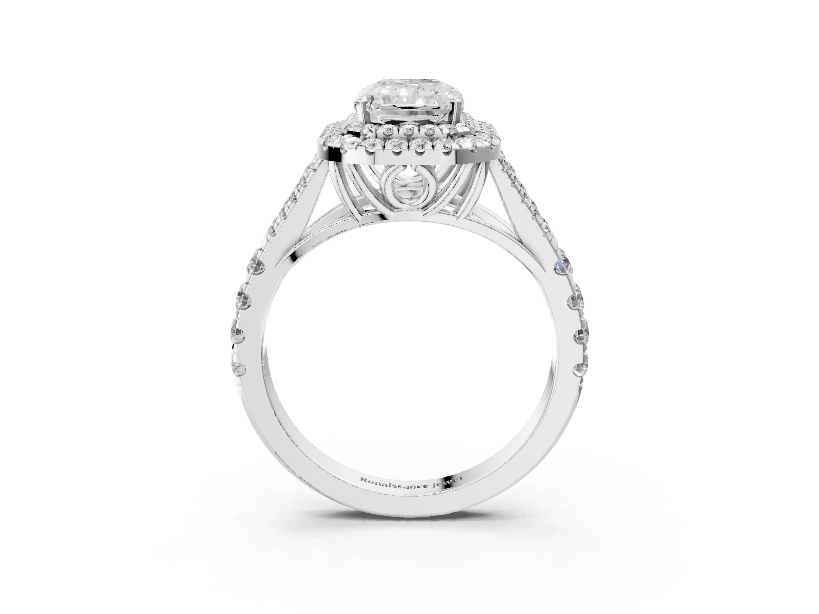 Platinum Radiant Cut Diamond Double Halo Ring with Split Shank and Pro