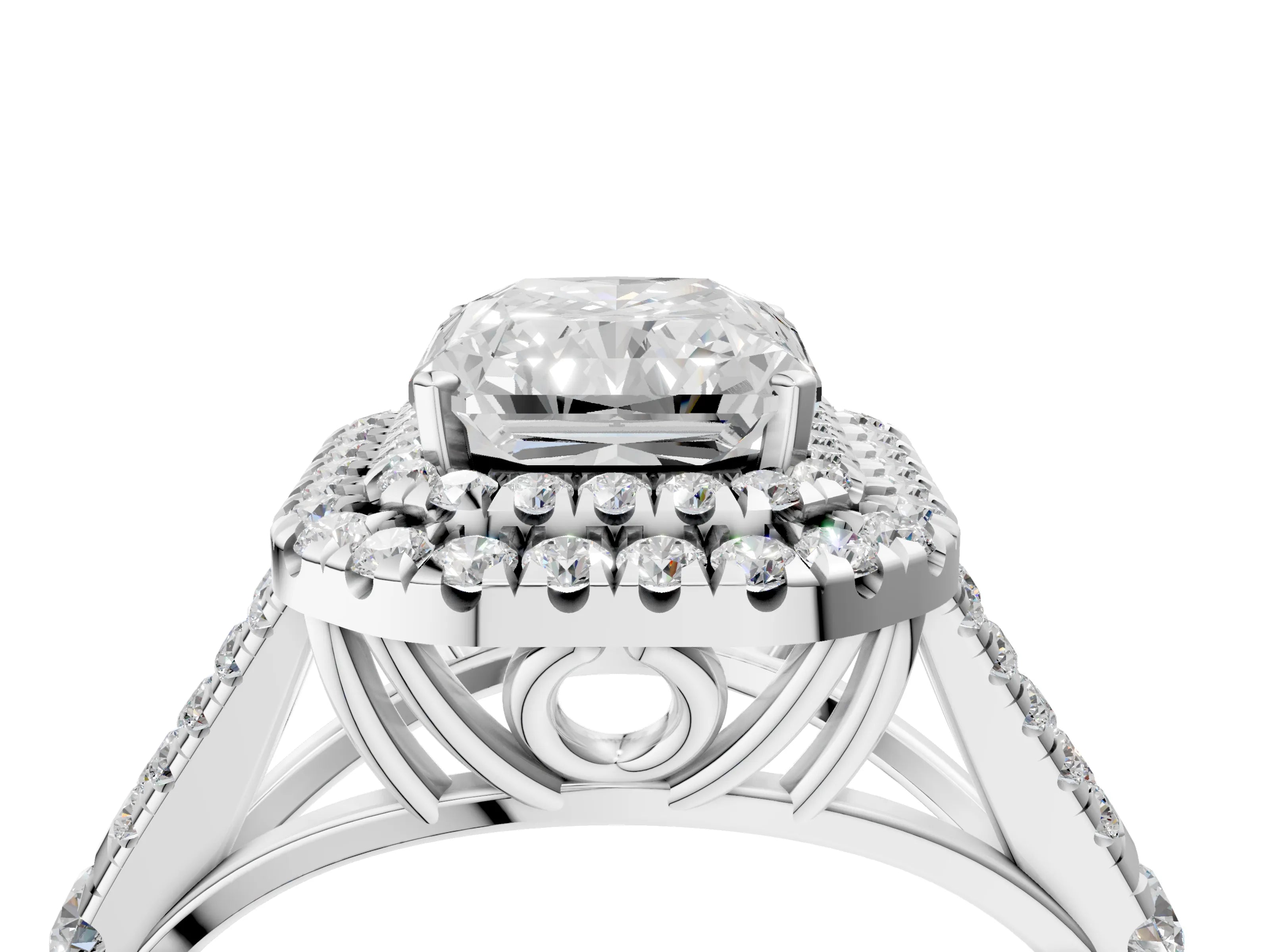 Platinum Radiant Cut Diamond Double Halo Ring with Split Shank and Pro