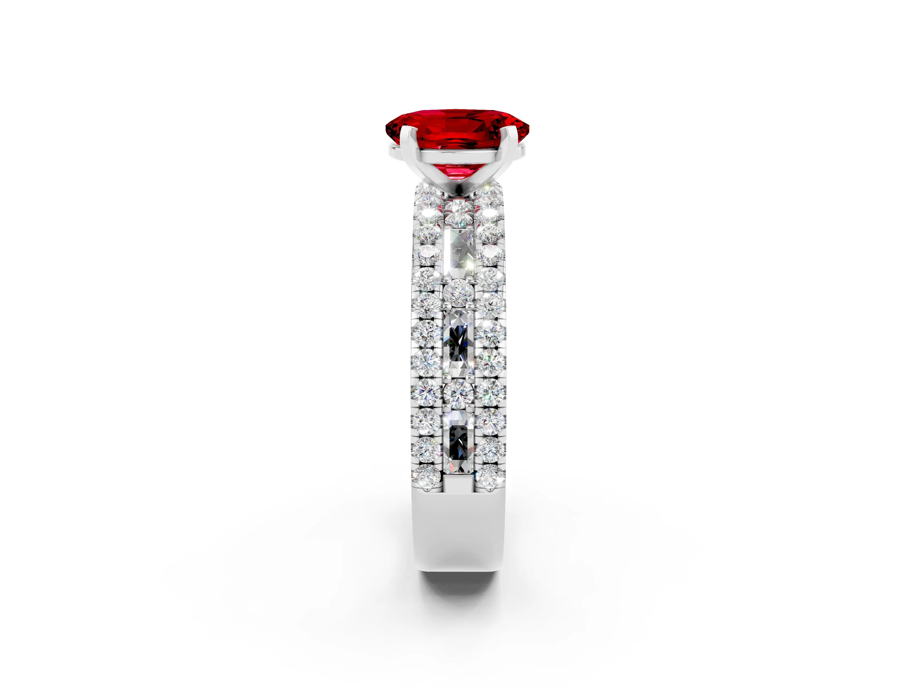 Platinum Oval Cut Ruby Solitaire Ring with Pavé and Channel Set Band