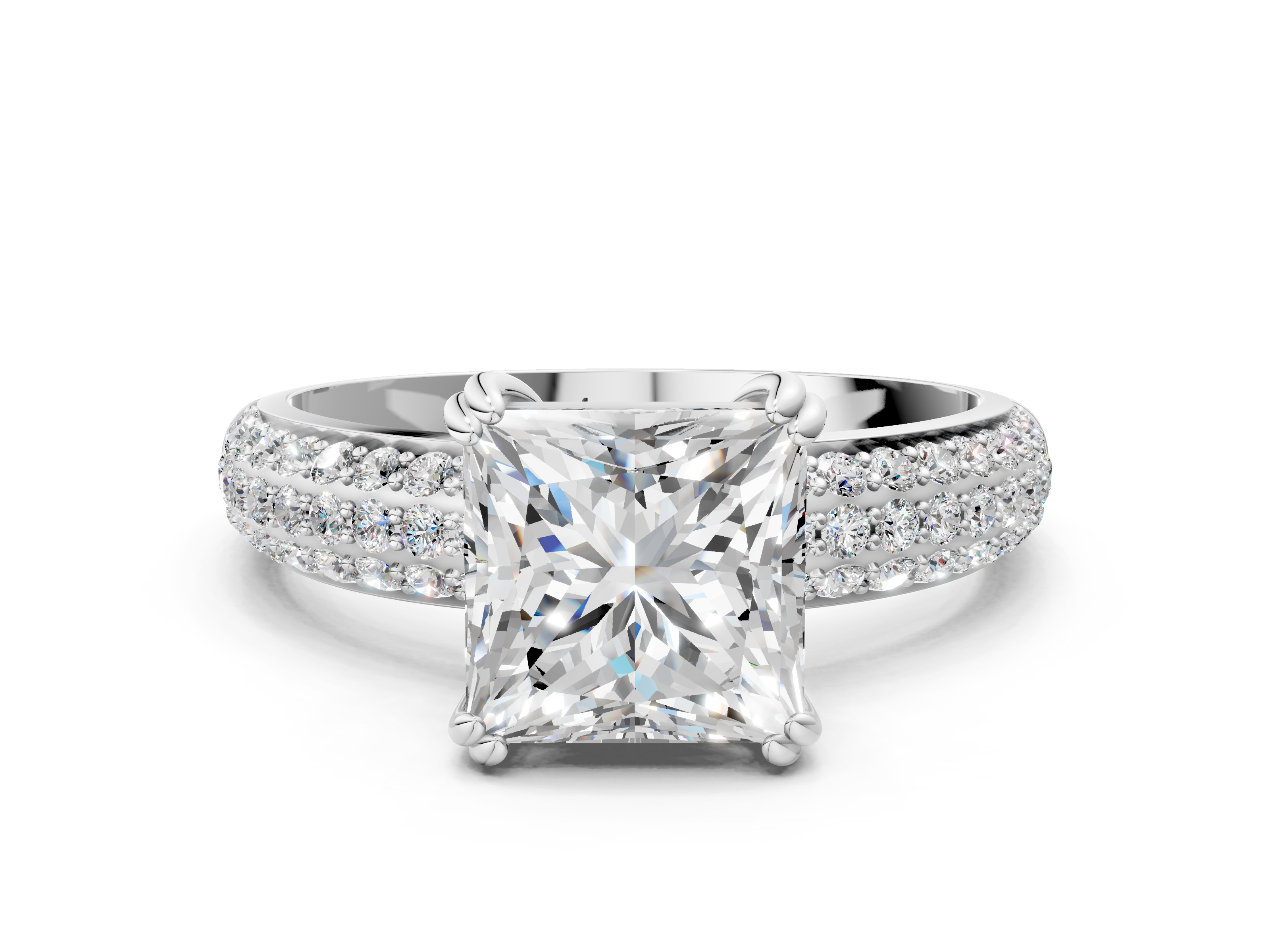 Platinum Princess Cut Pave Diamond Engagement Ring with Channel Set Ba
