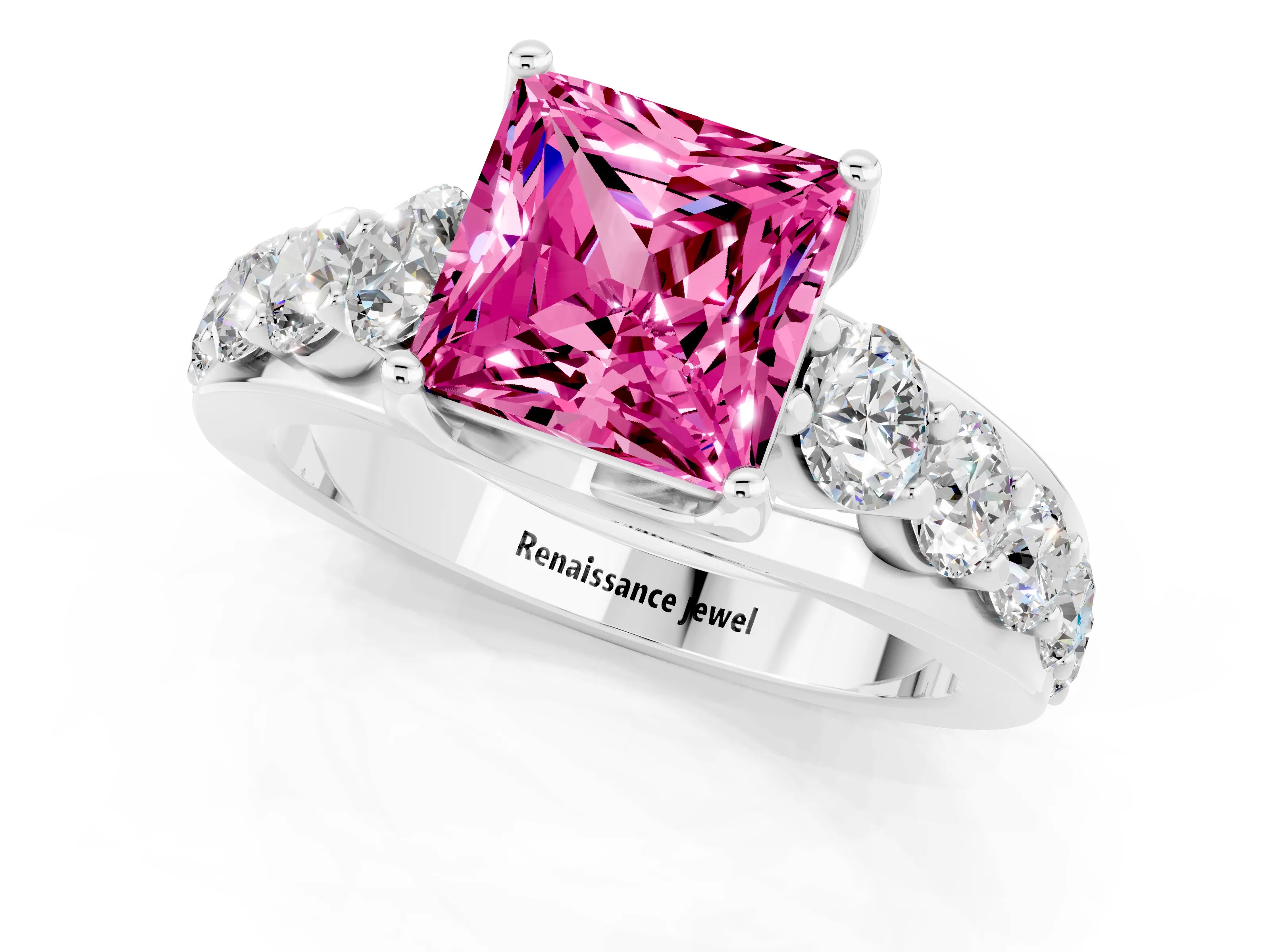 White gold Princess Cut Pink Sapphire Engagement Ring with Pavé Band a