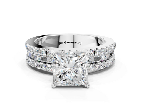White gold Princess Cut Diamond Solitaire Ring with Pavé and Channel S