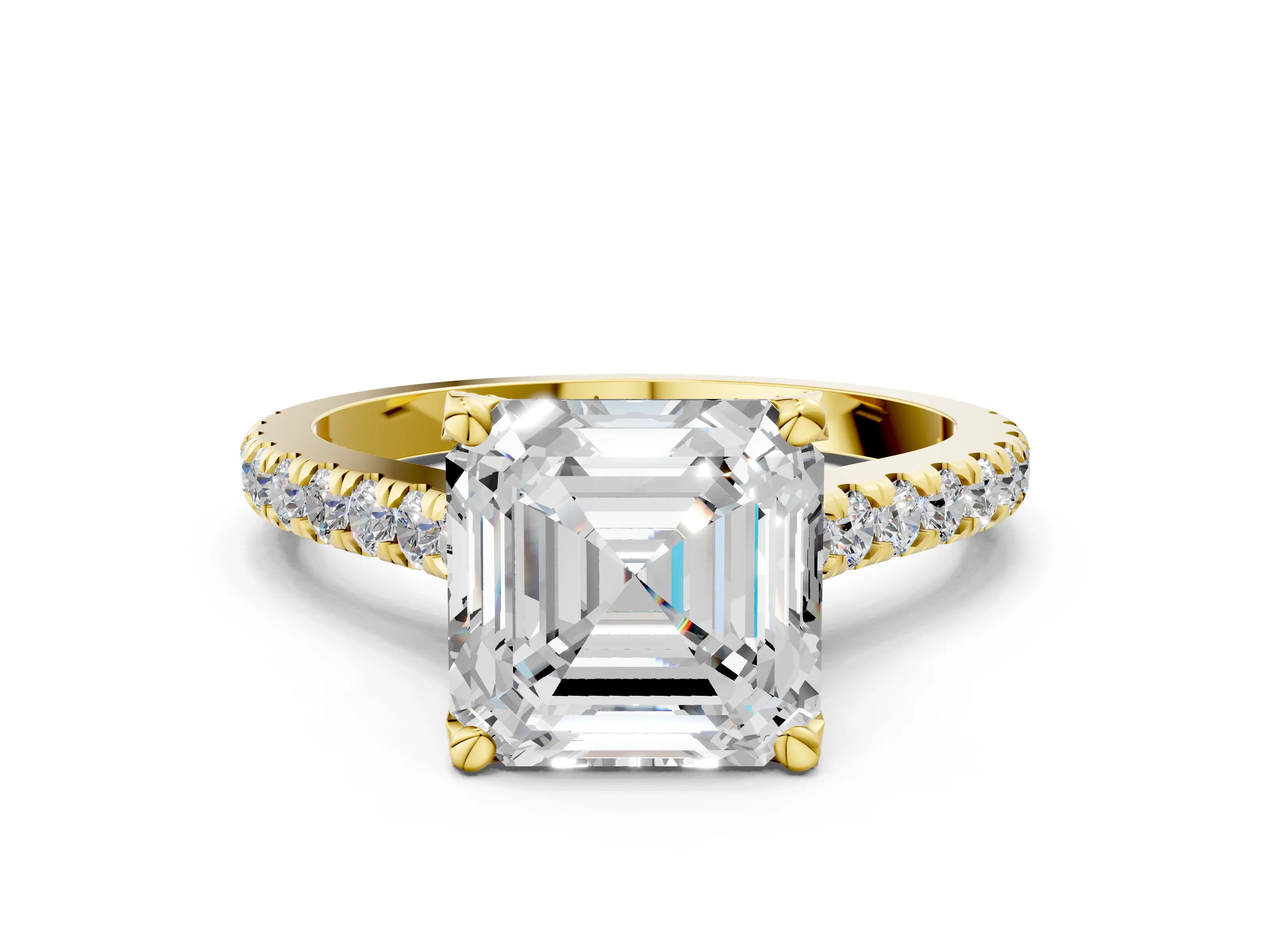 Yellow gold Asscher Brilliant Diamond Solitaire with Pavé Band and Fou
