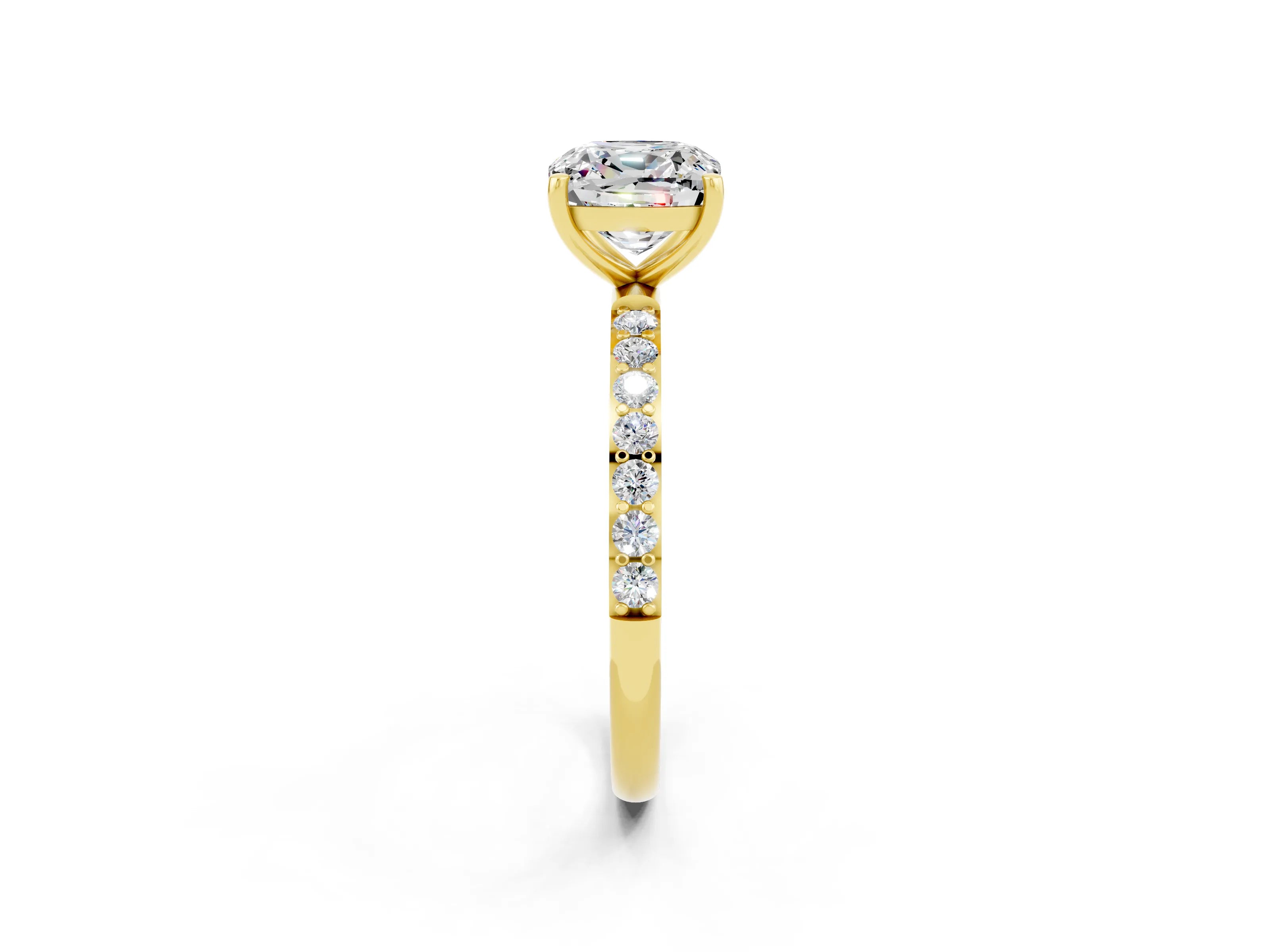 Yellow gold Cushion Cut Moissanite Solitaire Ring with Round Pavé Band