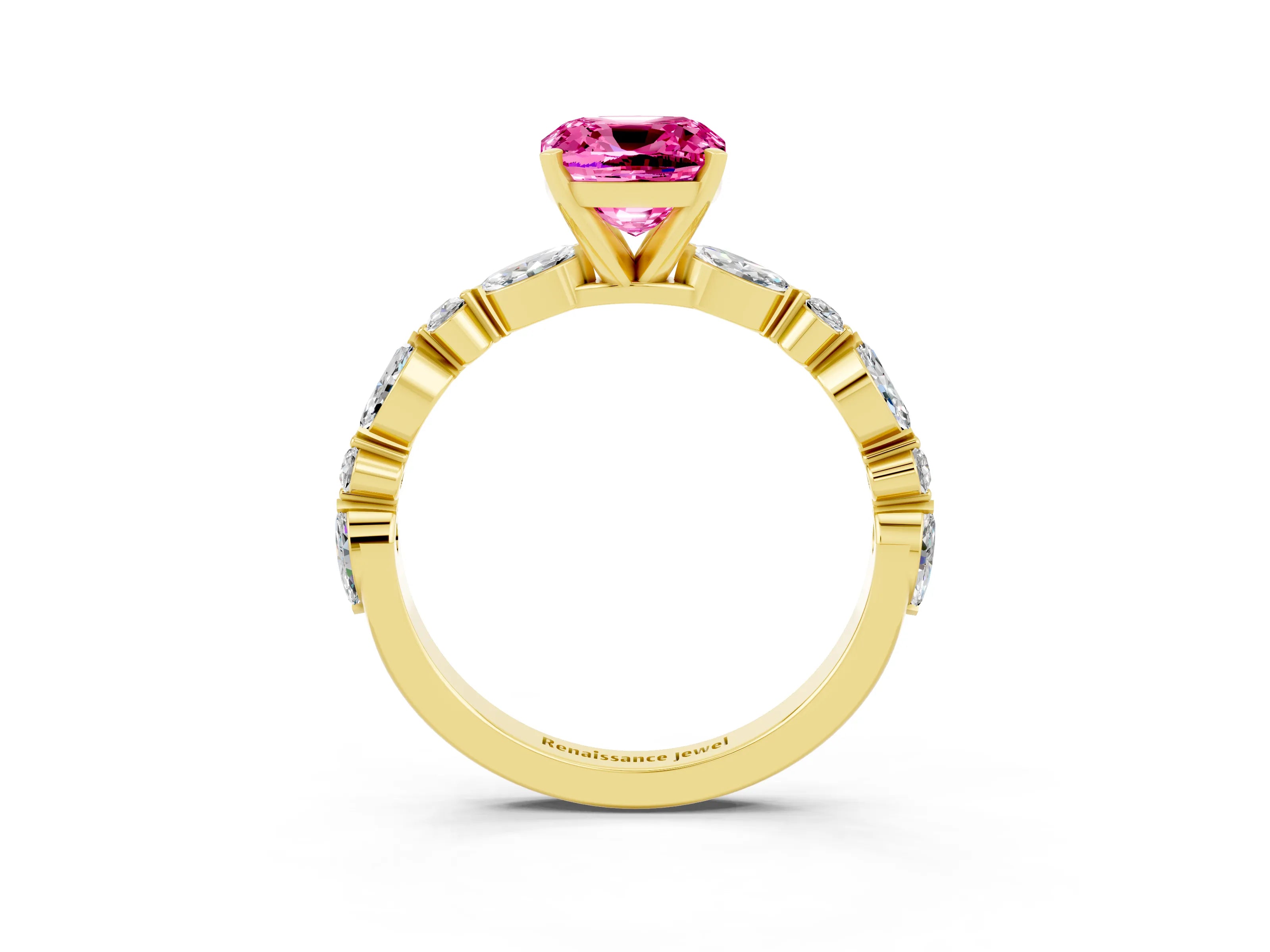 Yellow gold Cushion Cut Pink Sapphire Ring with Marquise and Round Sid