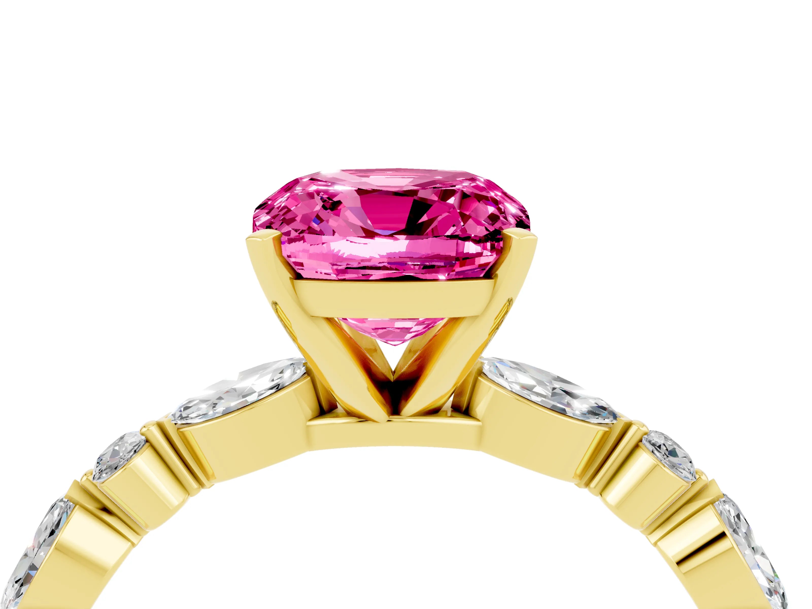 Yellow gold Cushion Cut Pink Sapphire Ring with Marquise and Round Sid