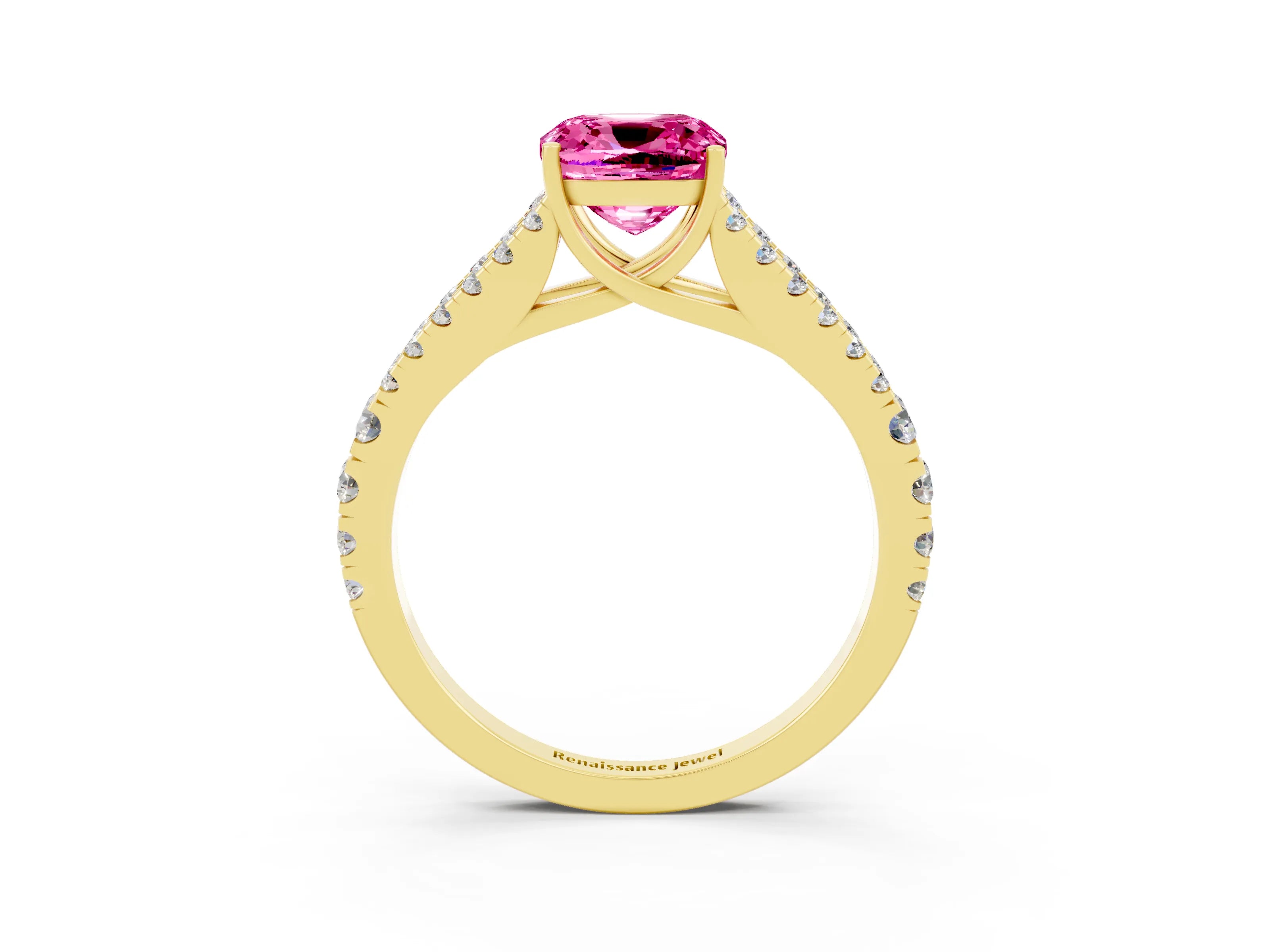 Yellow gold Cushion Cut Pink Sapphire Split Shank Pavé Engagement Ring