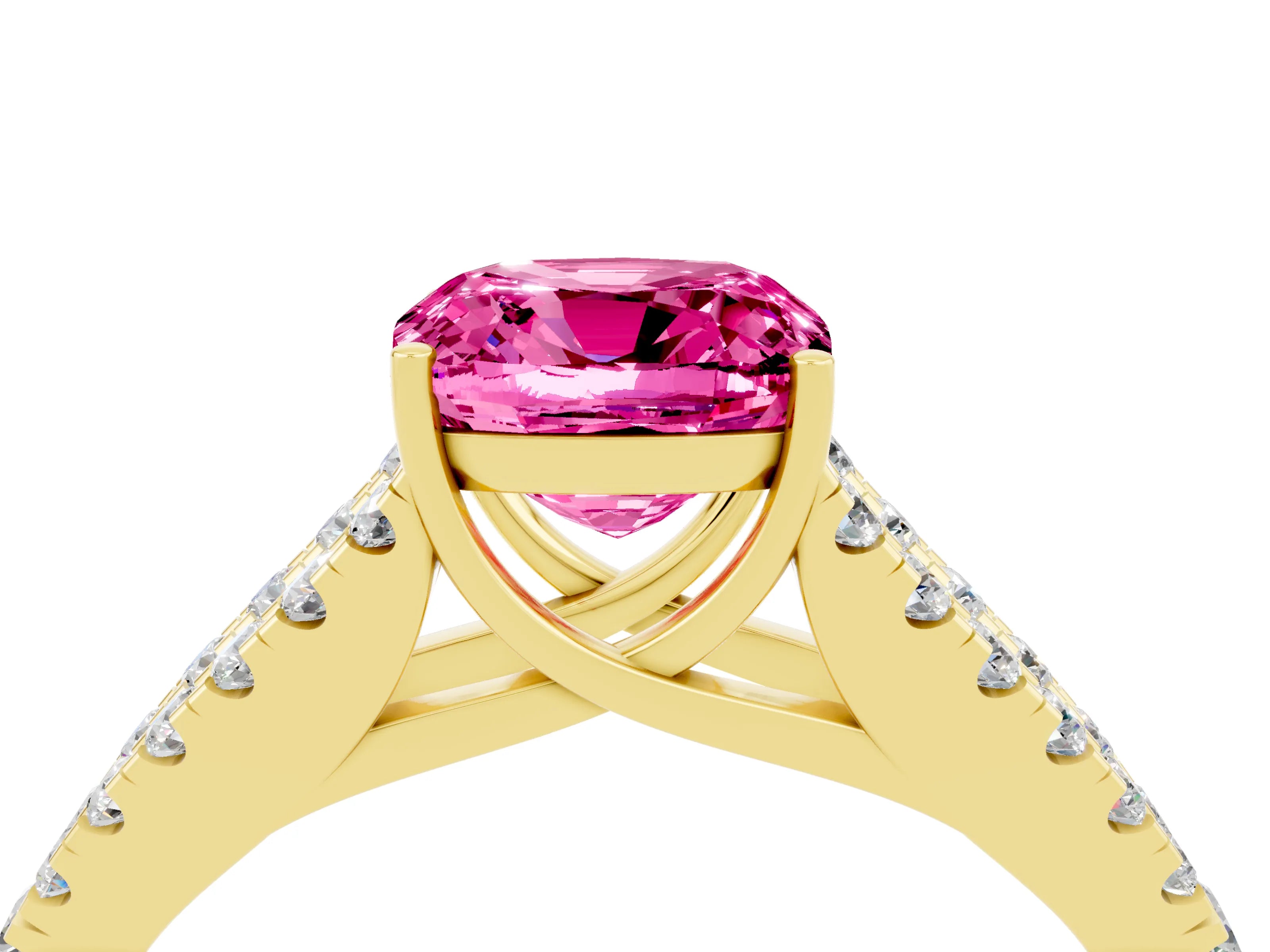Yellow gold Cushion Cut Pink Sapphire Split Shank Pavé Engagement Ring