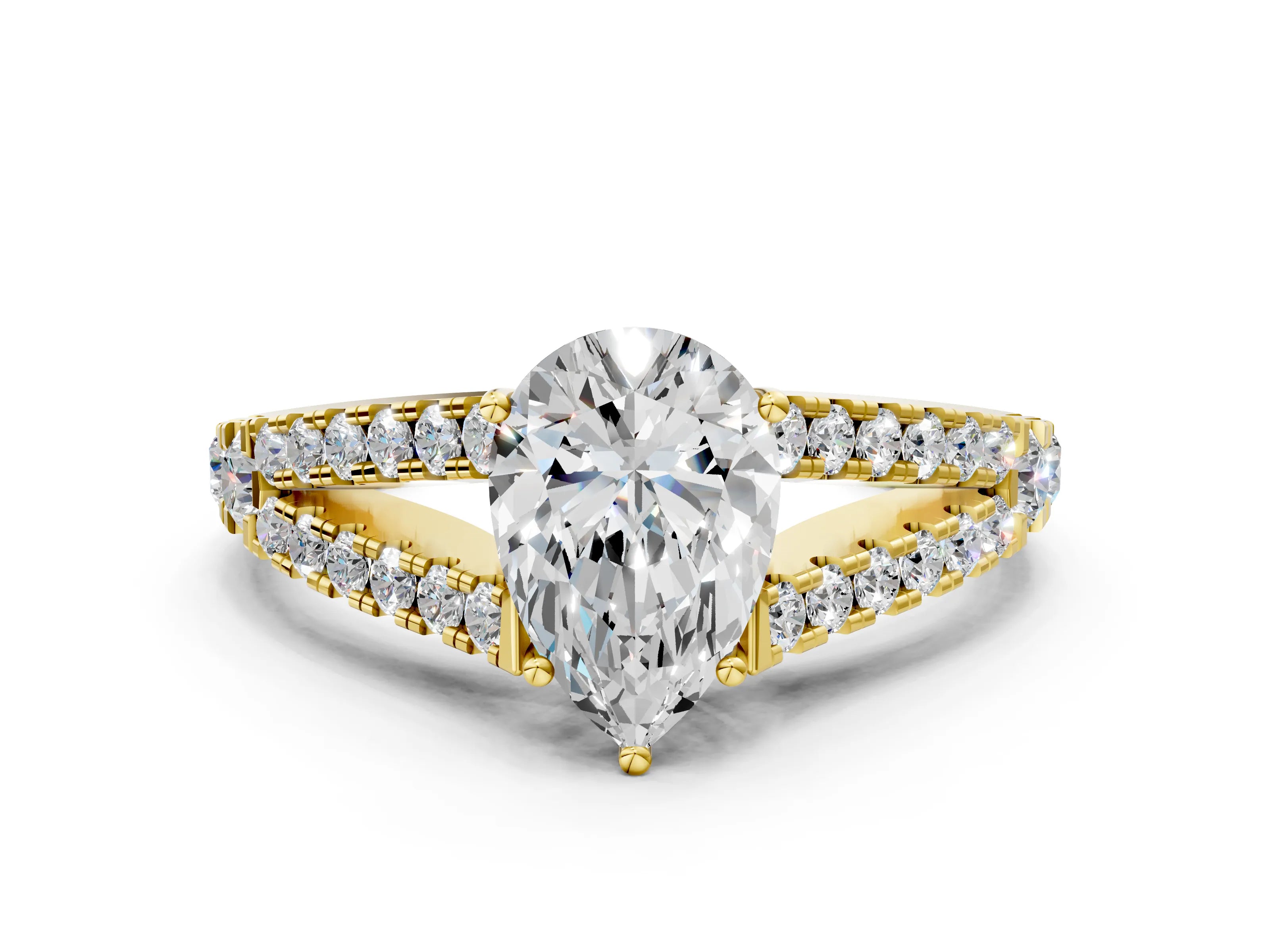 Yellow gold Pear Cut Diamond Split Shank Pavé Engagement Ring with Fou