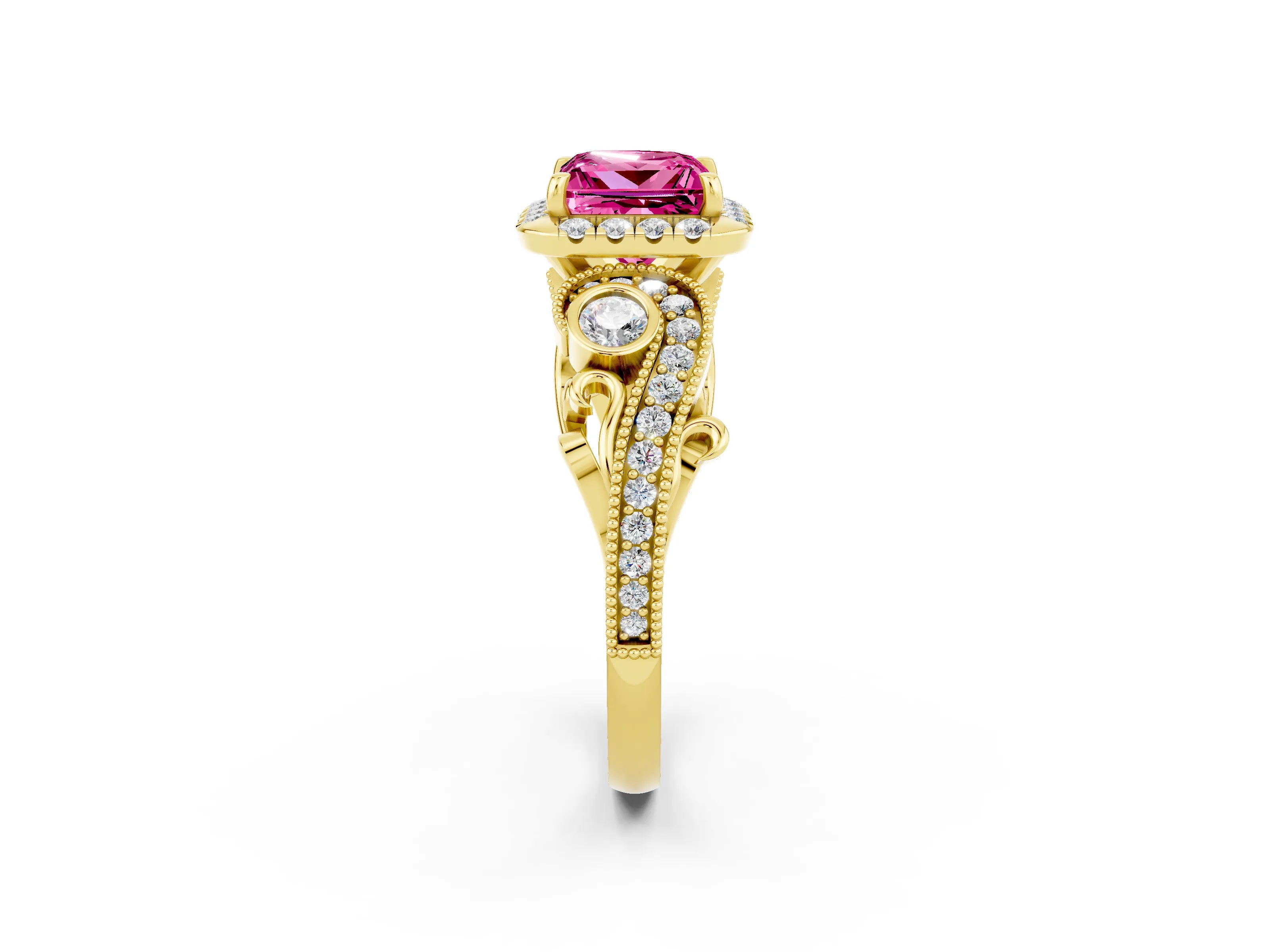Yellow gold Princess Cut Pink Sapphire Halo Ring with Milgrain Pavé Ba