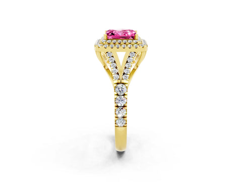 Yellow gold Princess Cut Pink Sapphire Pavé Split Shank Double Halo En