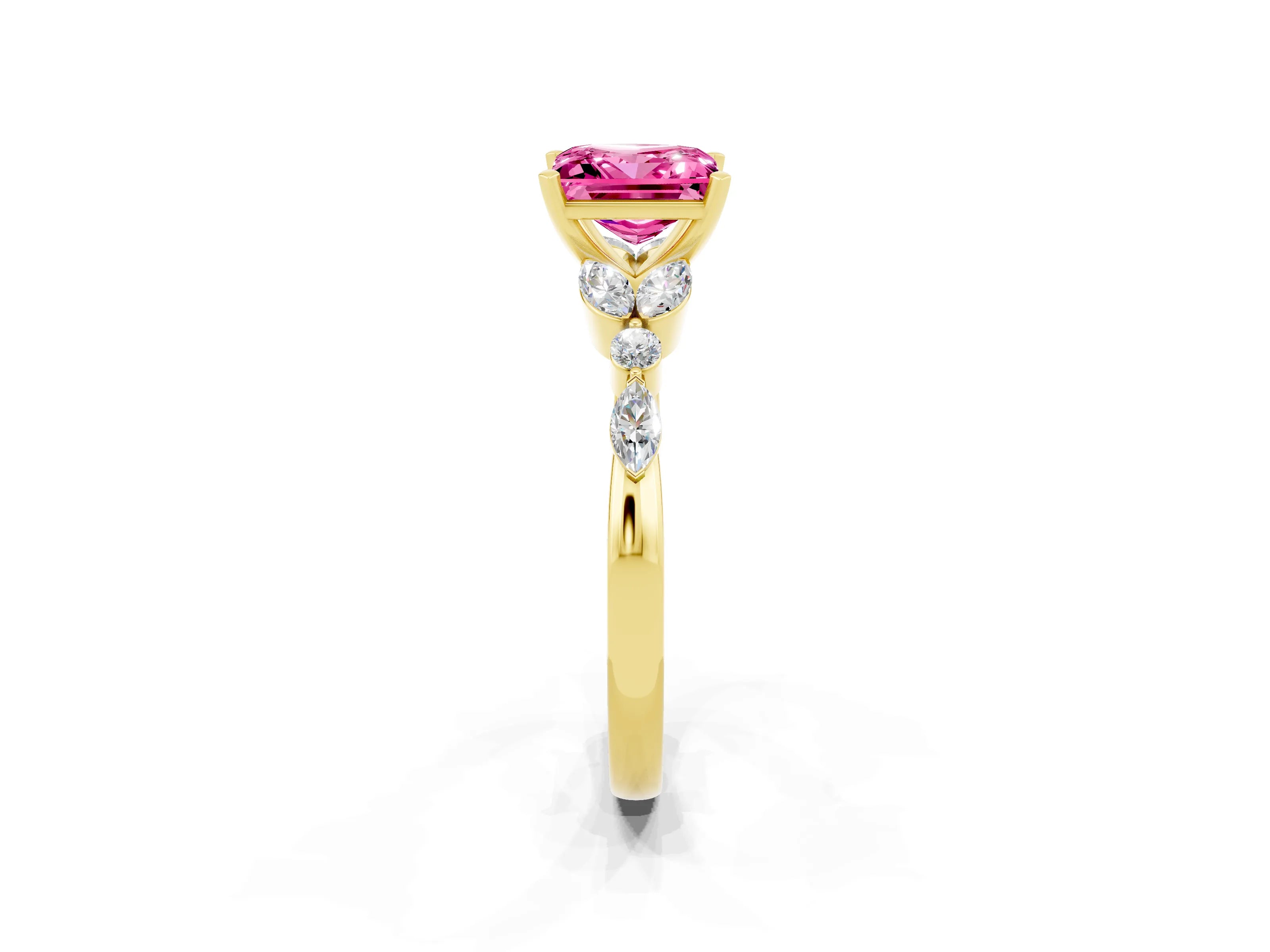 Yellow gold Princess Cut Pink Sapphire Solitaire Ring with Side Stones