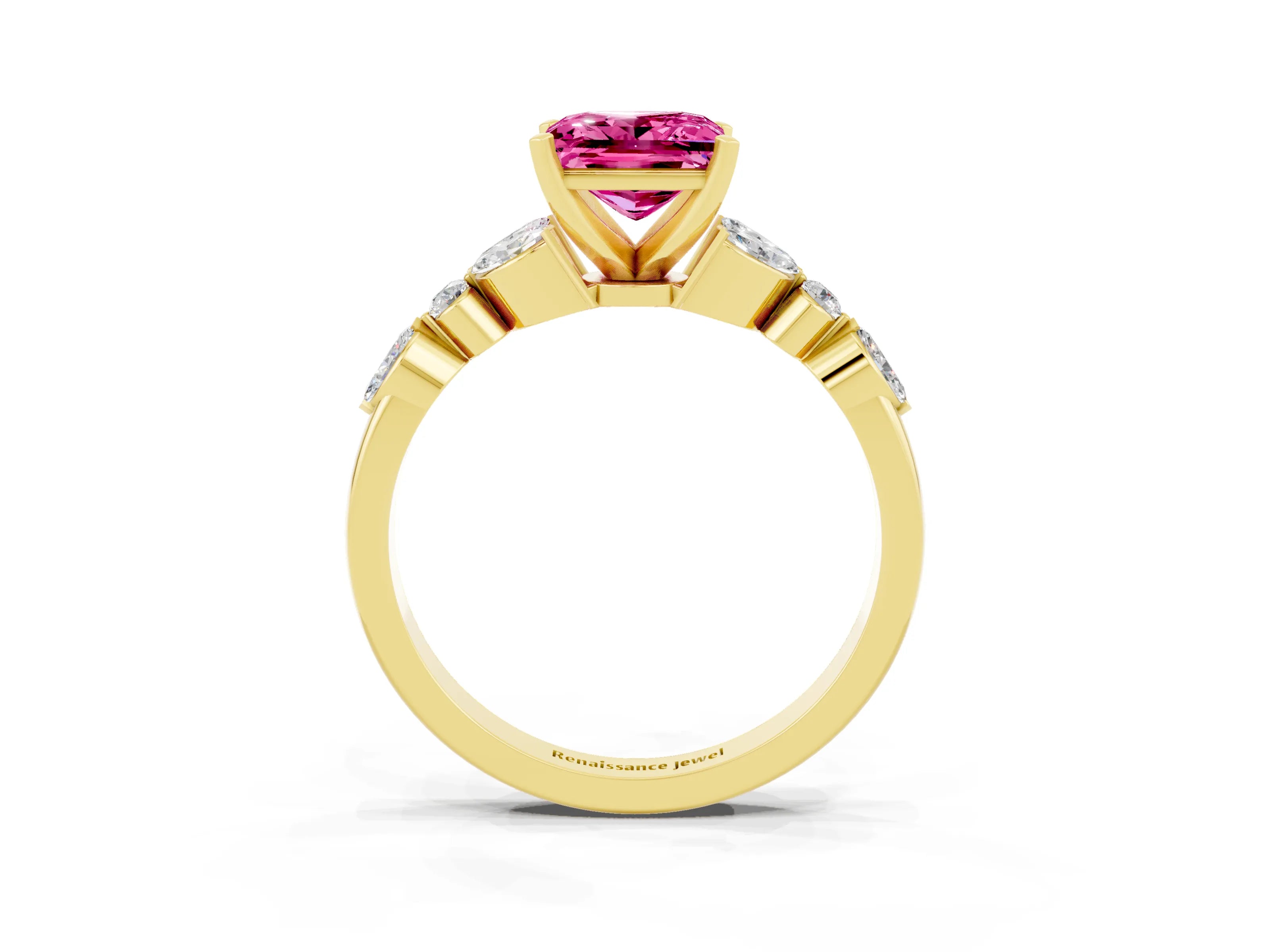 Yellow gold Princess Cut Pink Sapphire Solitaire Ring with Side Stones