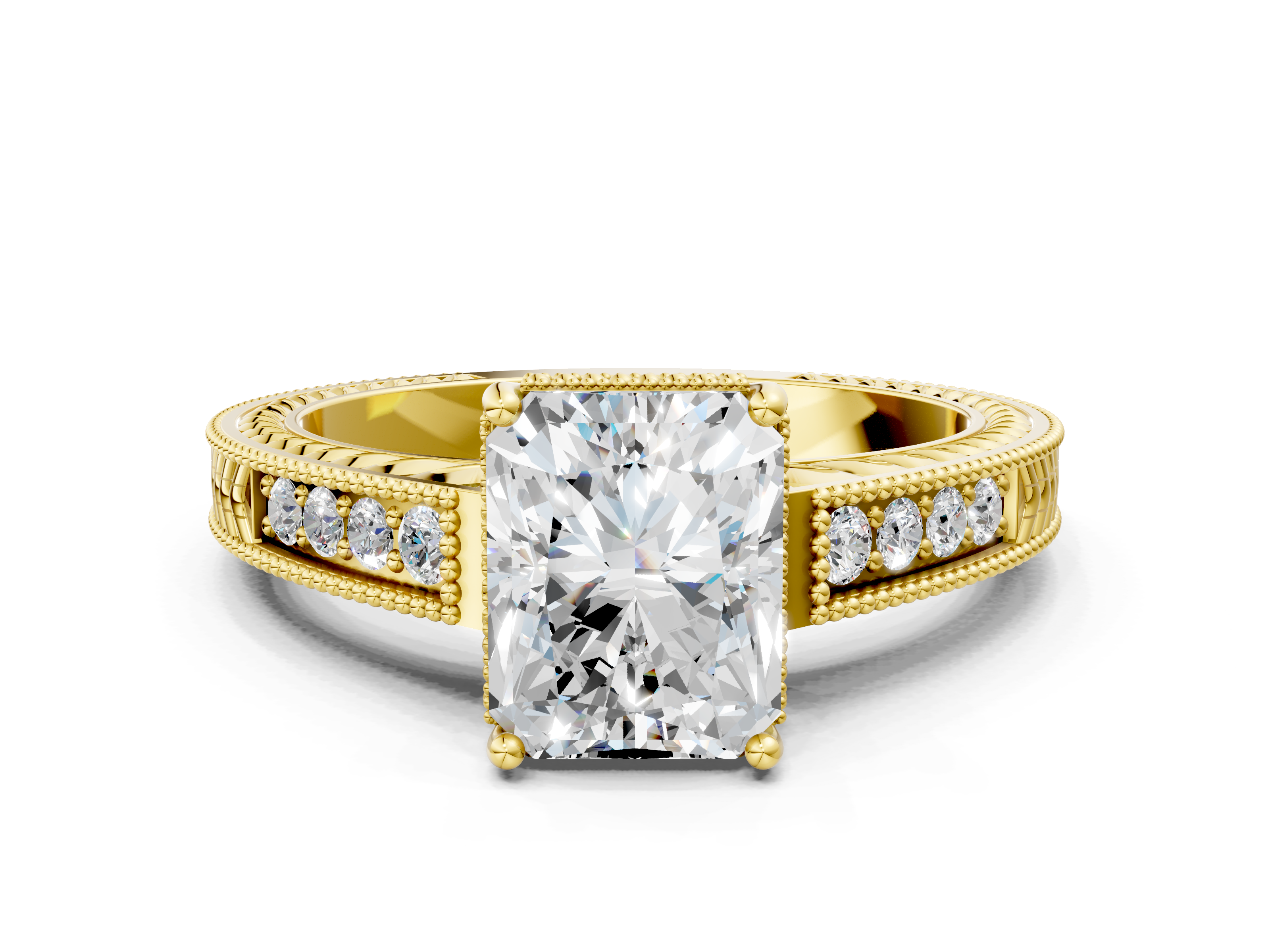 Yellow gold Radiant Cut Diamond Engagement Ring with Milgrain Channel