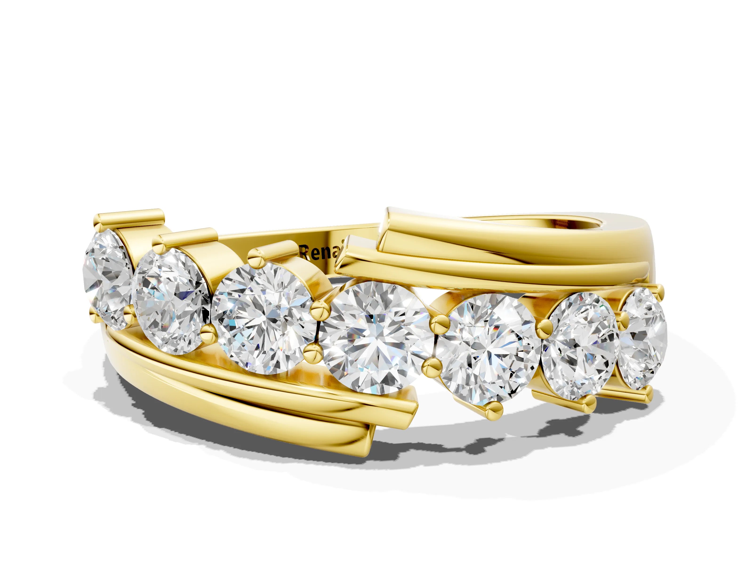 Yellow gold Round Diamond Wave Band with Channel and Shared Prong Sett